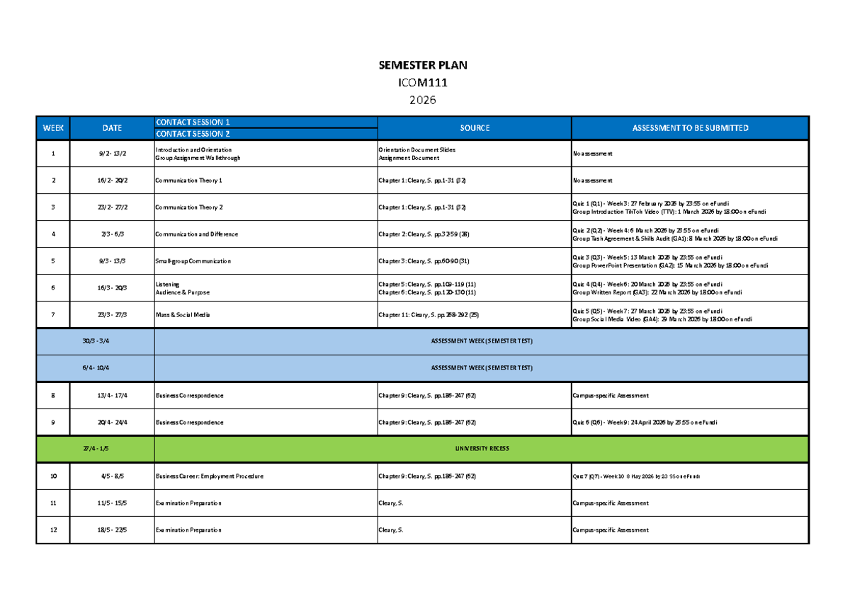 ICOM111 2026 Semester Plan: Weekly Schedule & Assessments - Studocu