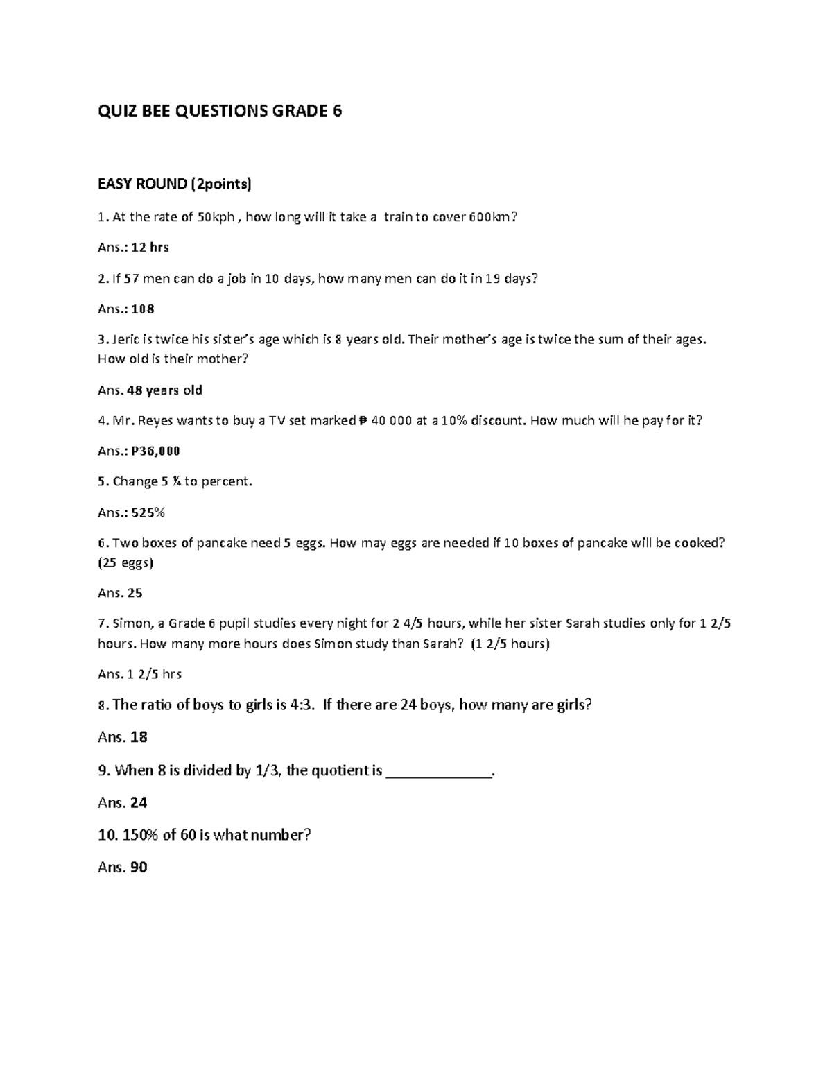 Grade 6 Quiz Bee Questions: Easy & Average Rounds (2 & 3 Points) - Studocu