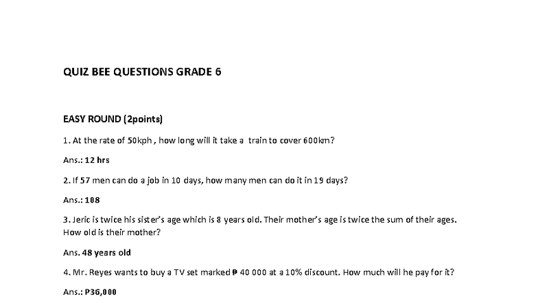 Grade 6 Quiz Bee Questions: Easy & Average Rounds (2 & 3 Points) - Studocu