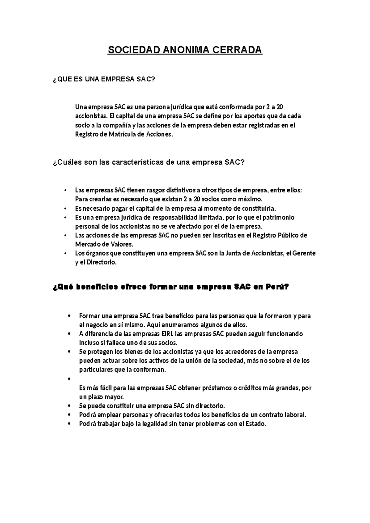 SAC - Características y Beneficios de la Empresa Anónima Cerrada - Studocu