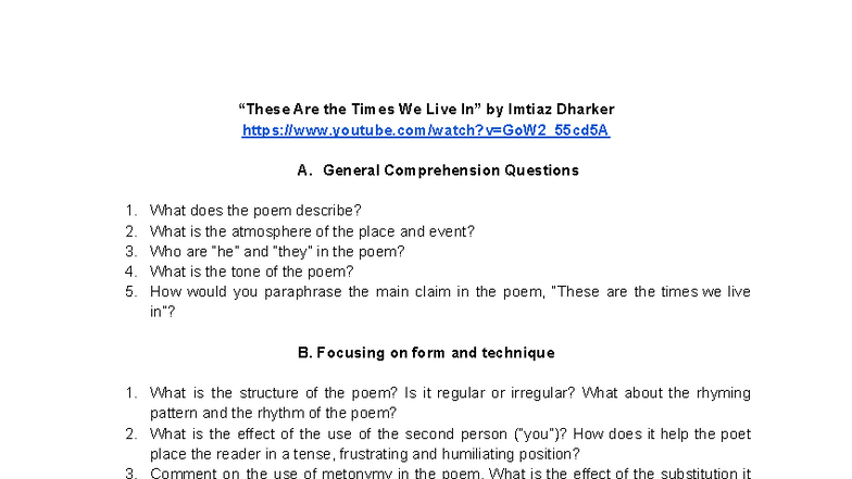 ENG 101: Analysis of "These Are the Times We Live In" by Imtiaz Dharker ...