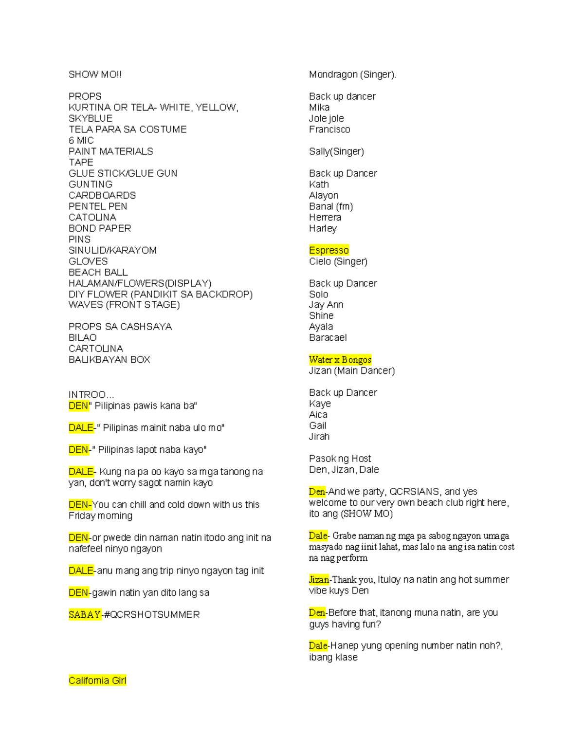 Variety Show Script: "Show Mo!!" Performance Details & Props List - Studocu
