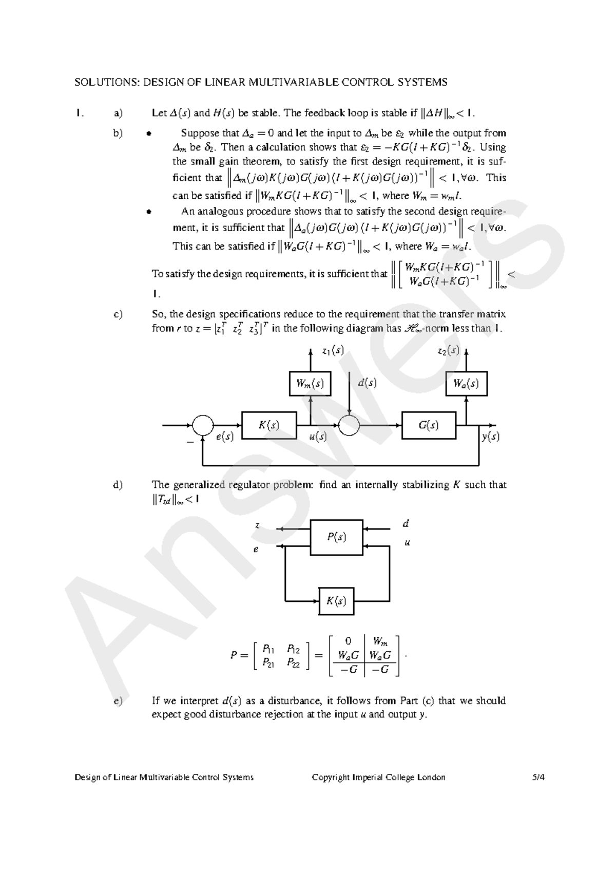 2021 Solutions - SOLUTIONS: DESIGN OF LINEAR MULTIVARIABLE CONTROL SYSTEMS a) Let ∆ (s) and H(s ...