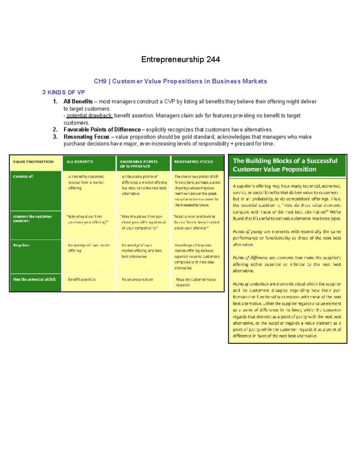 Entrepreneurship 244: Chapter 9 - Customer Value Propositions in ...