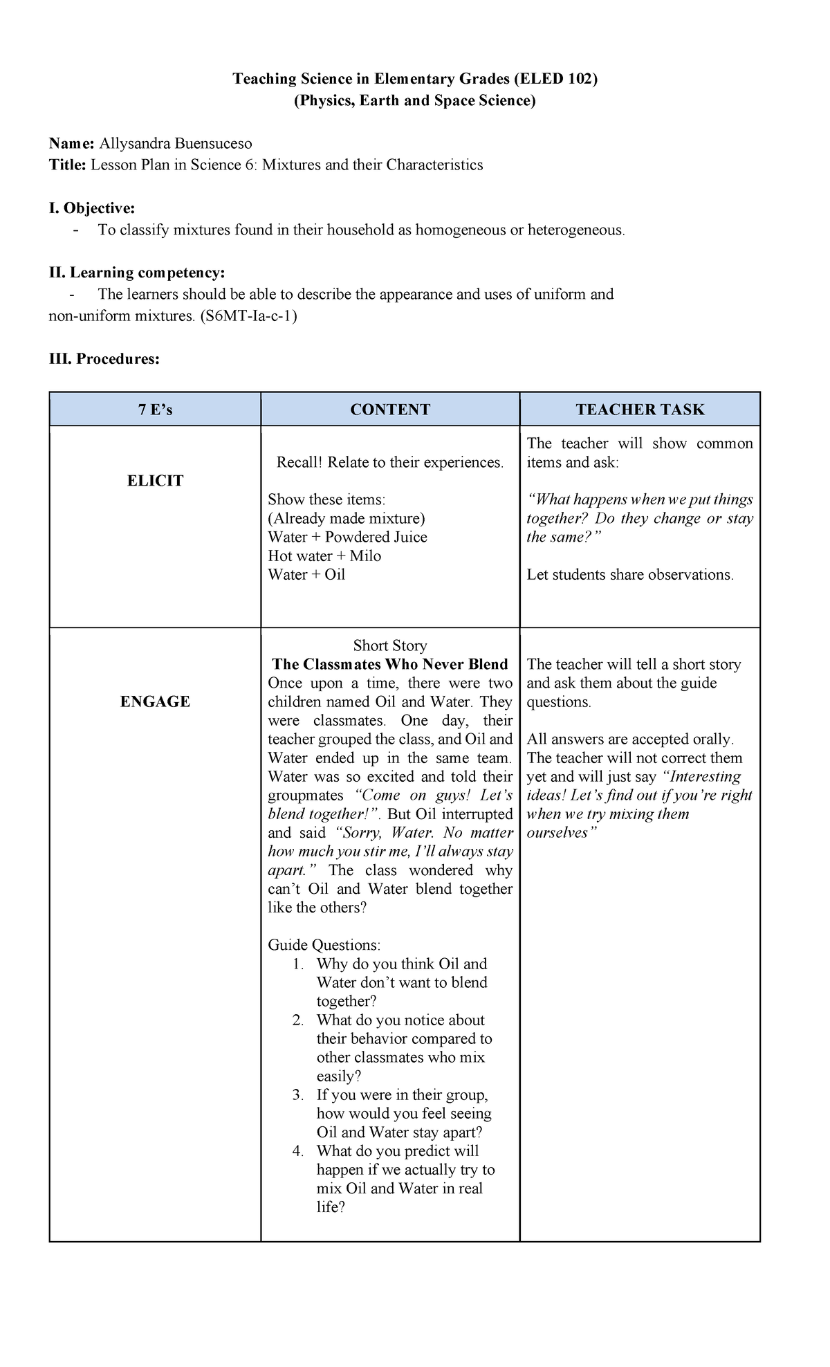 Lesson Plan for Science 6: Mixtures & Their Characteristics (ELED 102 ...