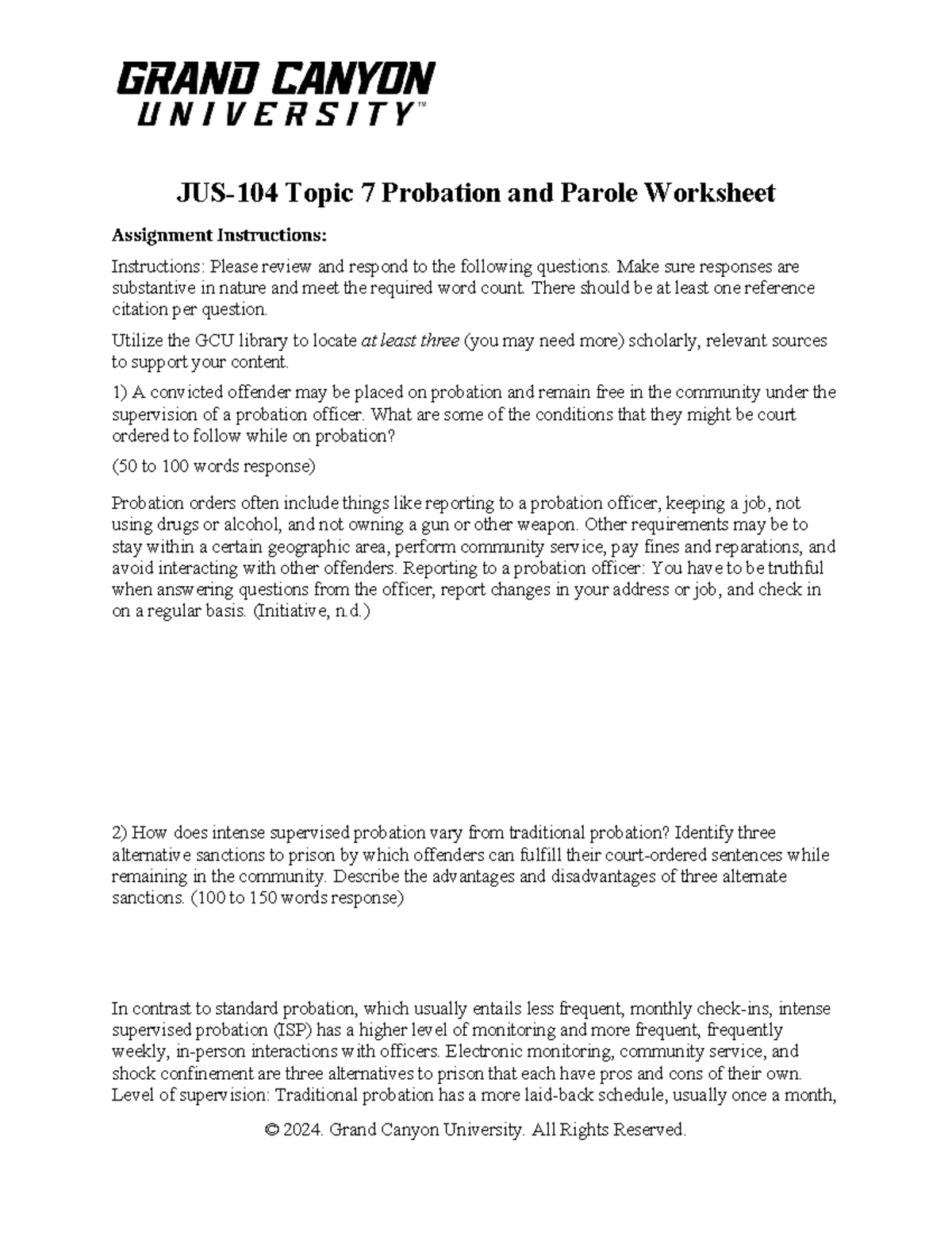 JUS-104 Topic 7: Probation and Parole Worksheet Assignment - Studocu