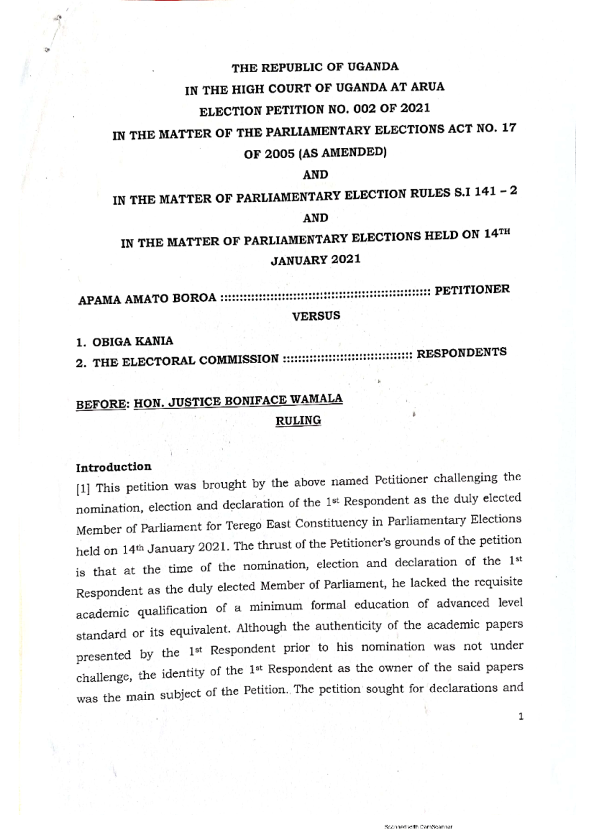 Election Petition No. 002 of 2021: Ruling in Apama Amato v Obiga Kania ...