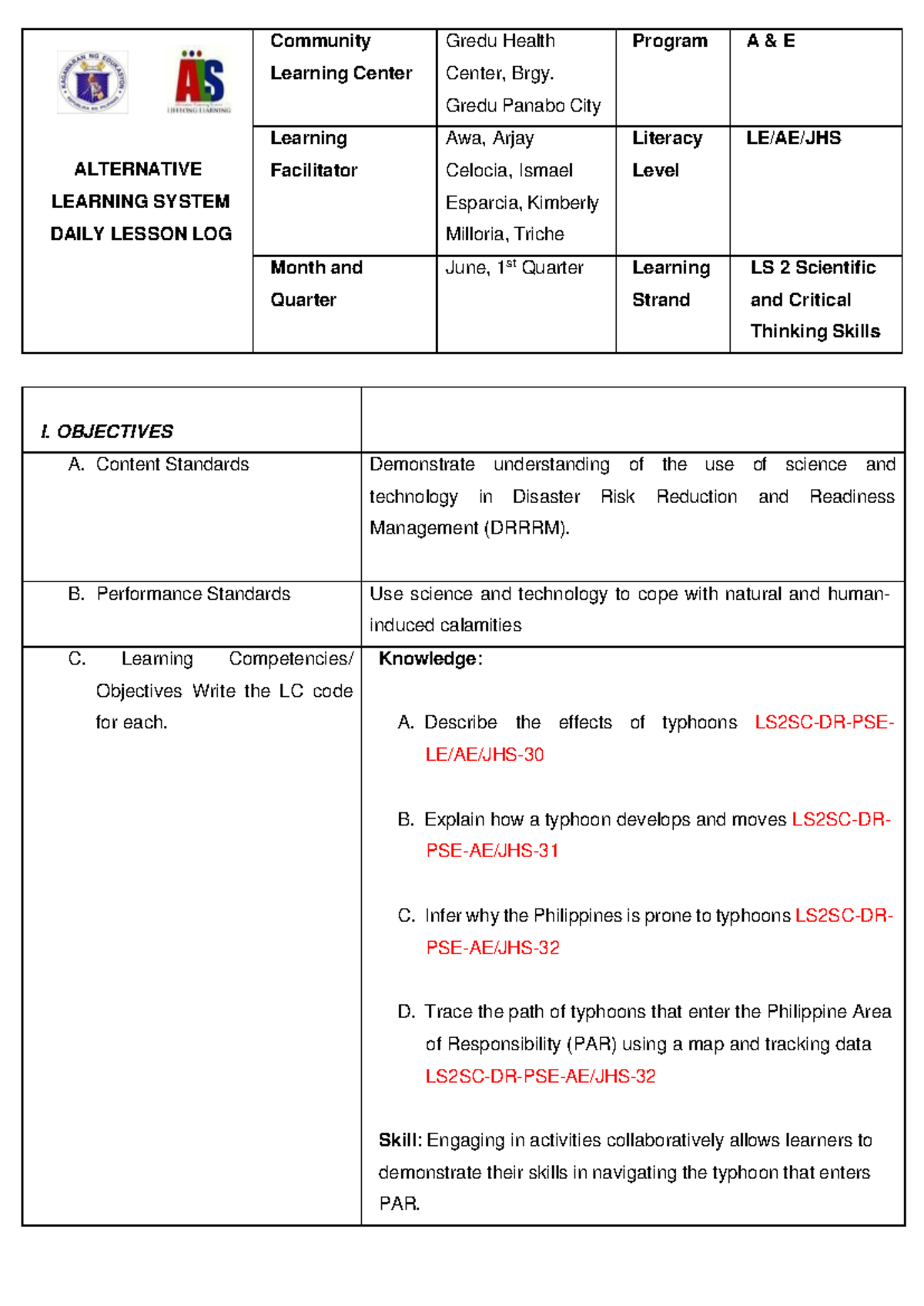 ALS- Lesson Plan on Typhoons for Grade 8 Learning System - Studocu
