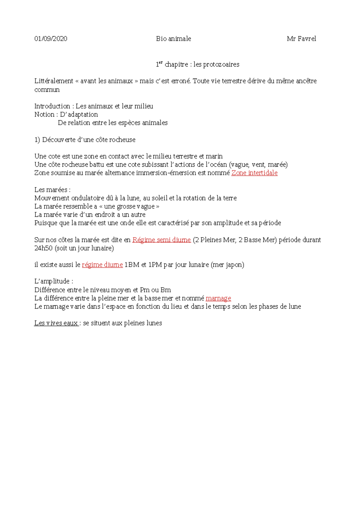 Chapitre 1 Protozoaire - 01/09/2020 Bio animale Mr Favrel 1 er chapitre : les protozoaires - Studocu