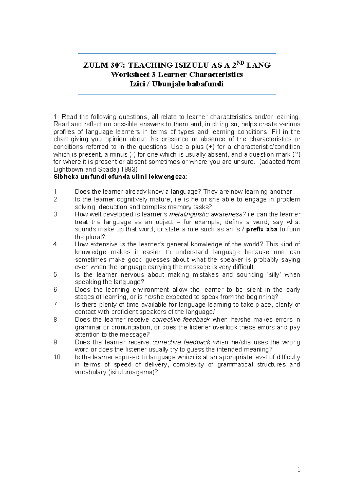 ZULM 307: TEACHING ISIZULU AS A 2ND LANG - Worksheet 3 on Learner - Studocu