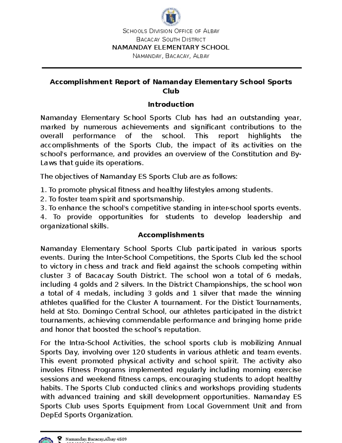 Accomplishment Report: Namanday ES Sports Club Achievements - Studocu