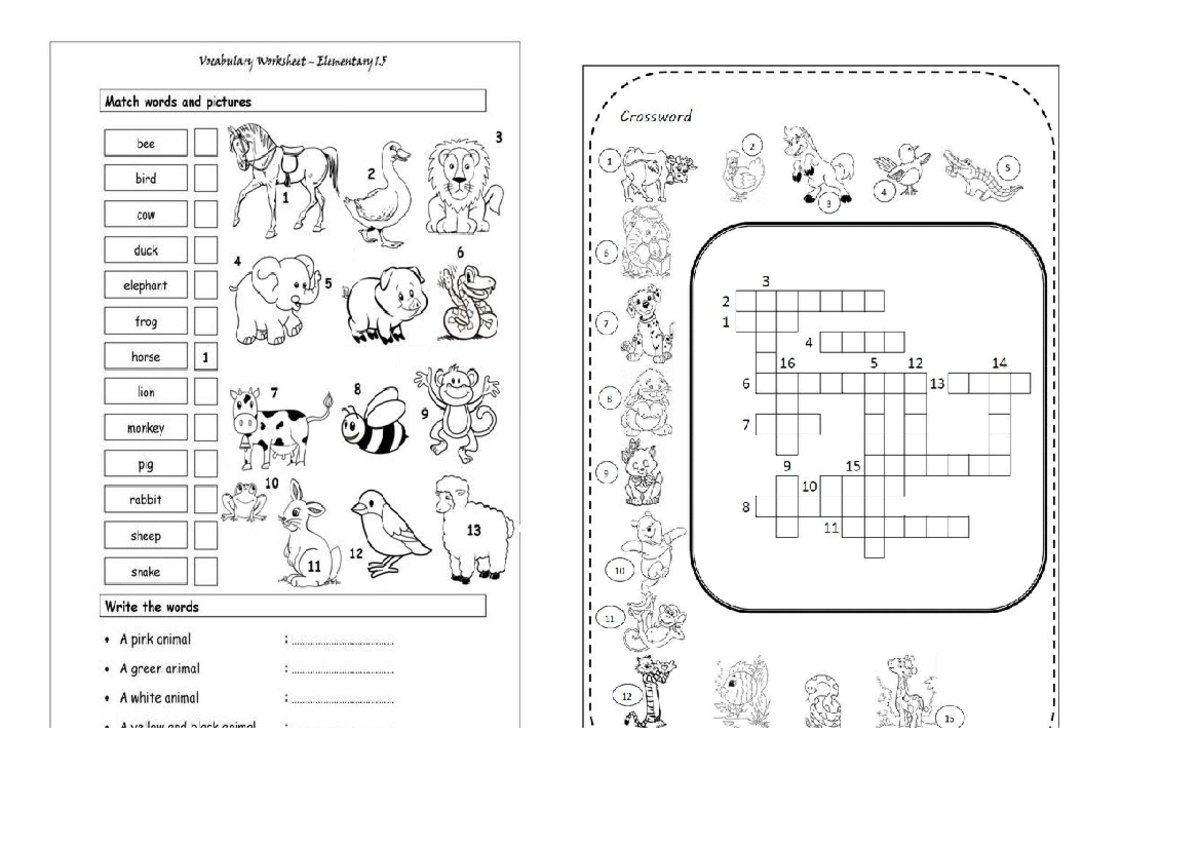 Atividade animais - Inglês Básico - Vocabulary Worksheet Elementary 1 ...