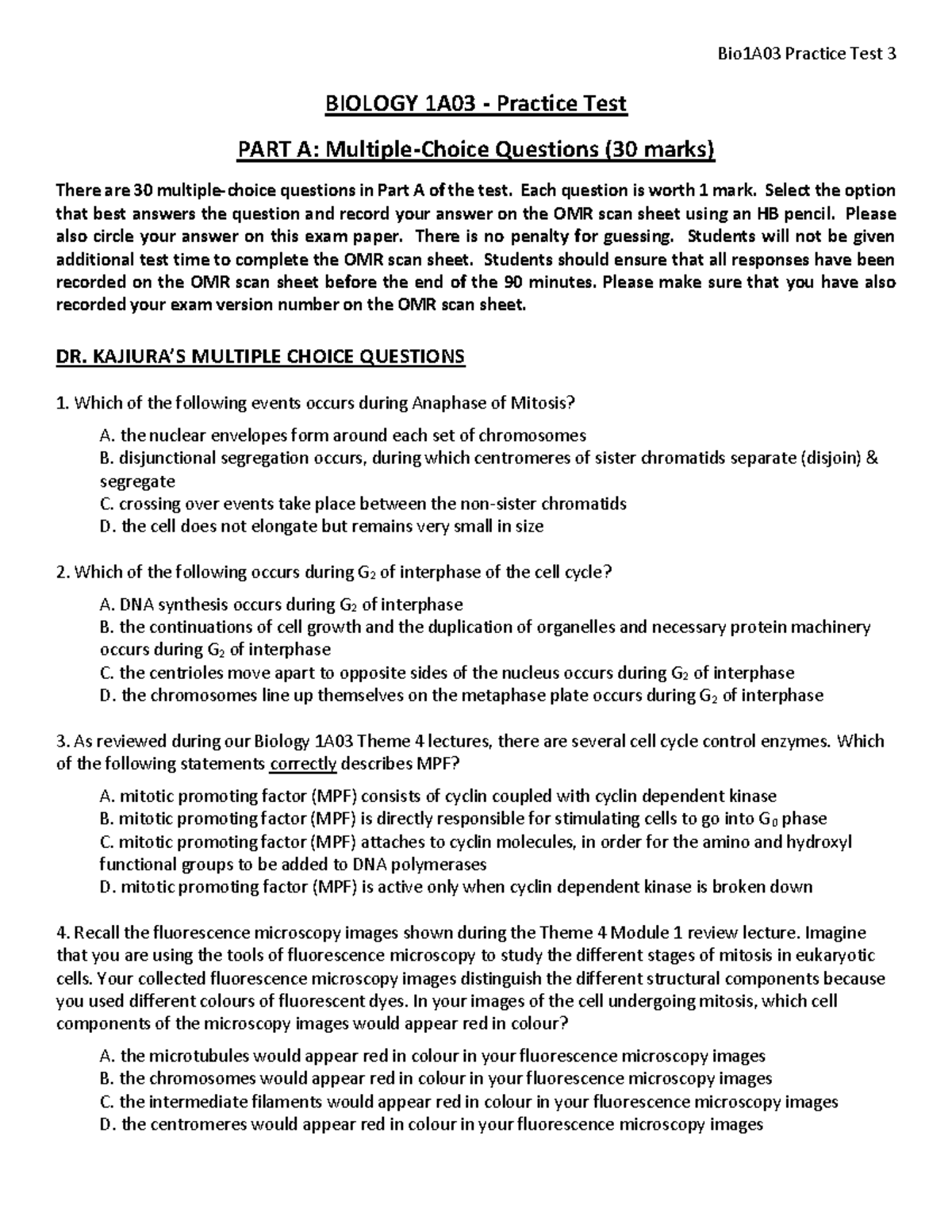 BIO1A03 Practice Test 3: Multiple Choice & Written Questions - Studocu