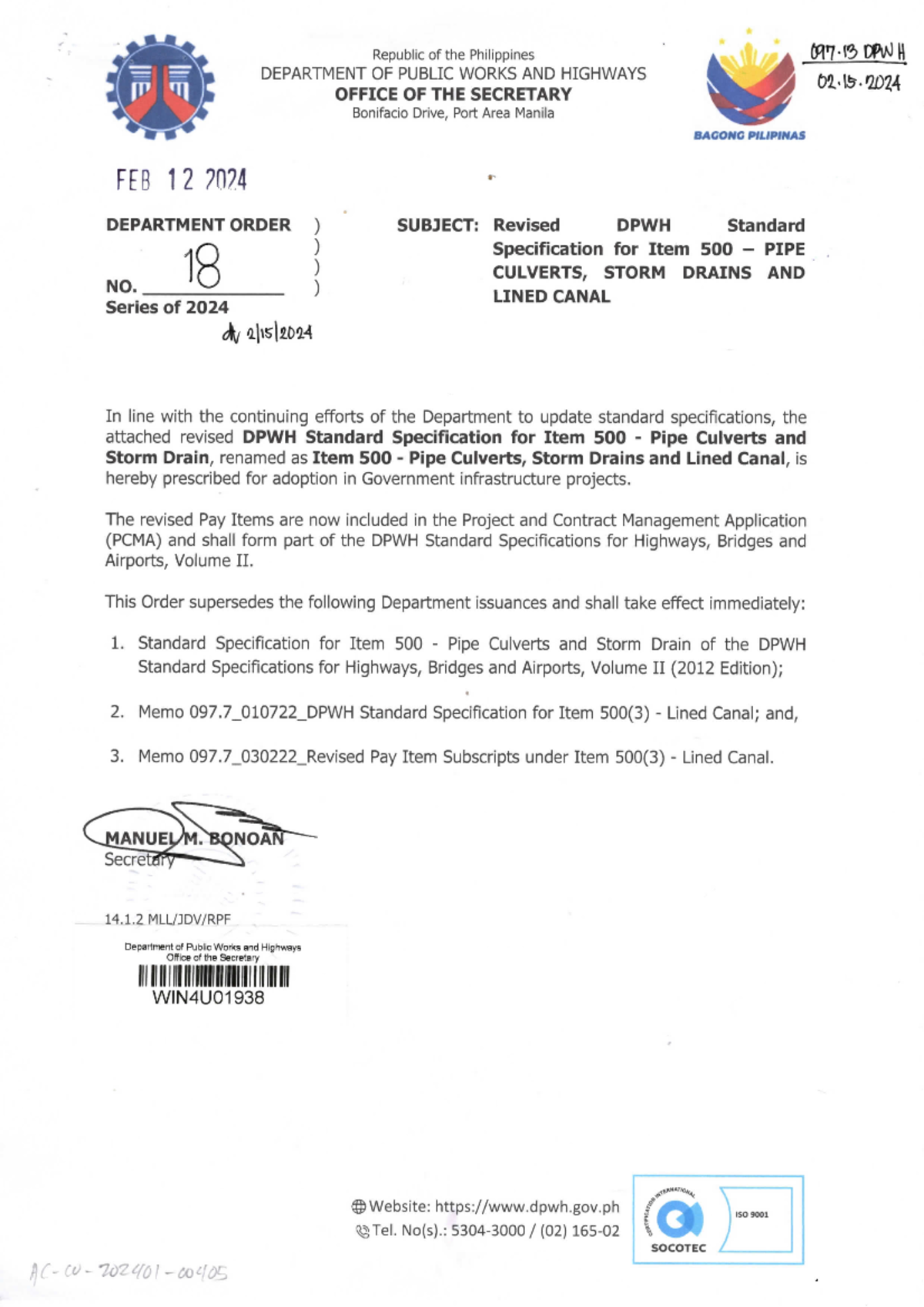 DO 018 s2024 - Revised DPWH Standard Specs for Item 500 Pipe Culverts ...