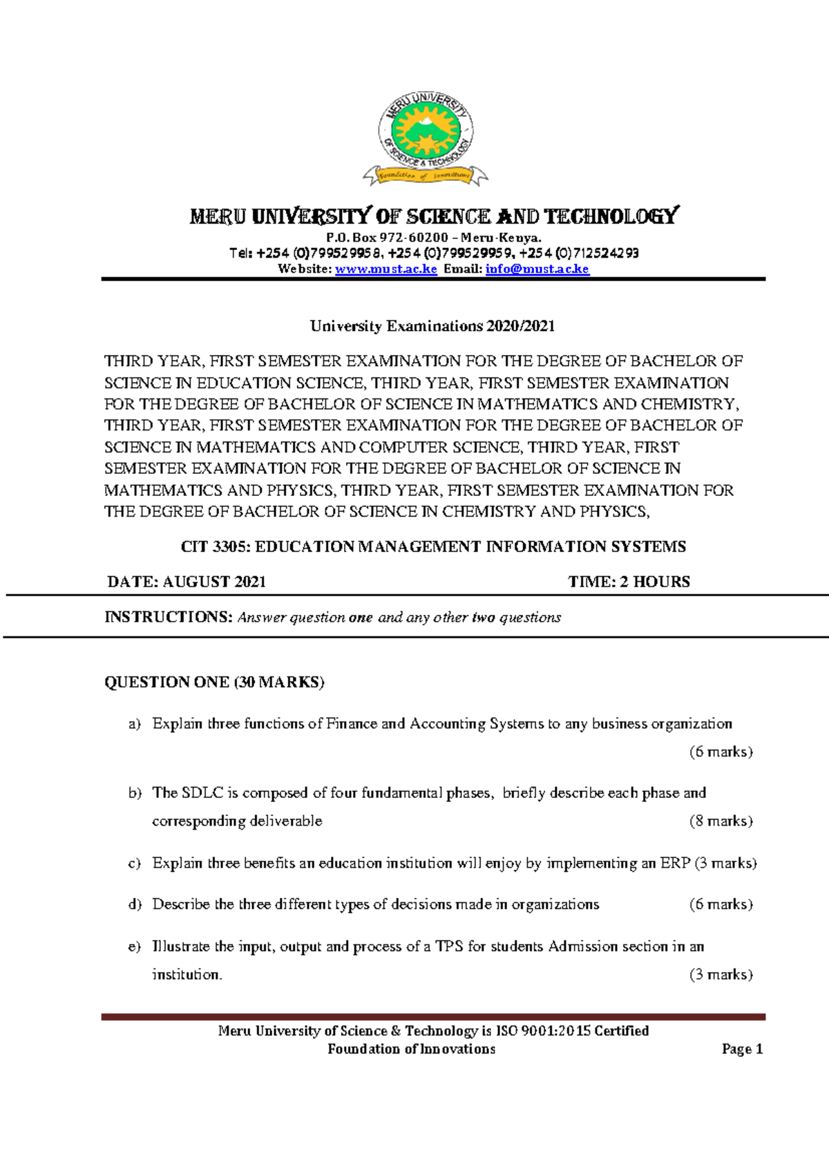 CIT 3305: Final Exam Notes on Education Management Information Systems ...