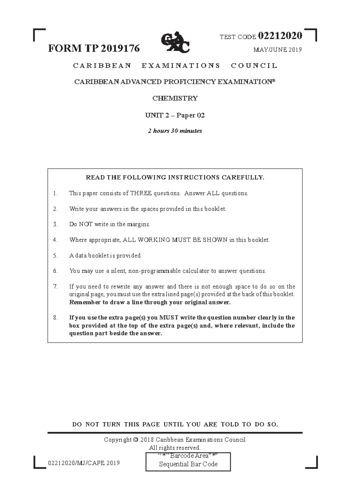 CAPE Chemistry Unit 2 Paper 02 Exam 2019 - Detailed Instructions and ...