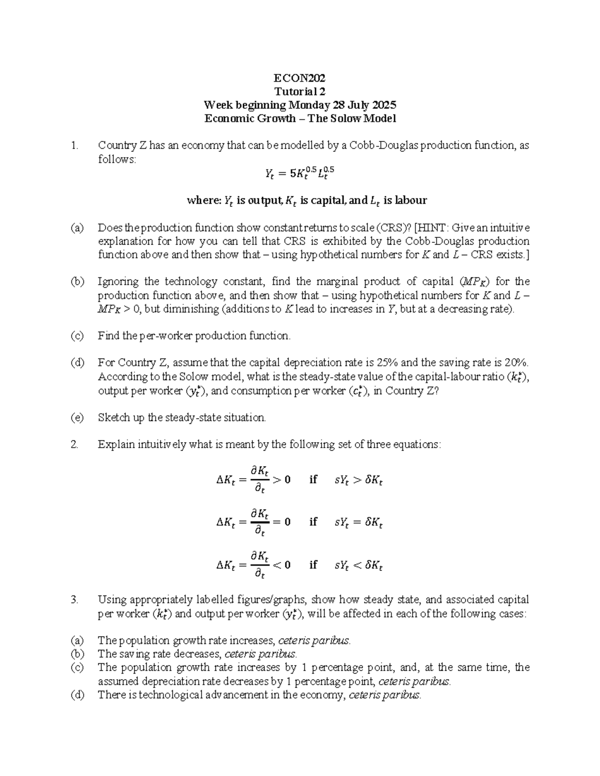 ECON202 Tutorial 2: Economic Growth & The Solow Model Analysis - Studocu