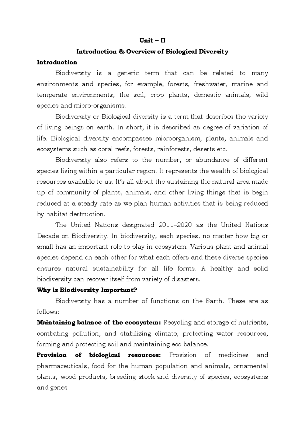 Overview of biological diversity - Unit – II Introduction & Overview of ...