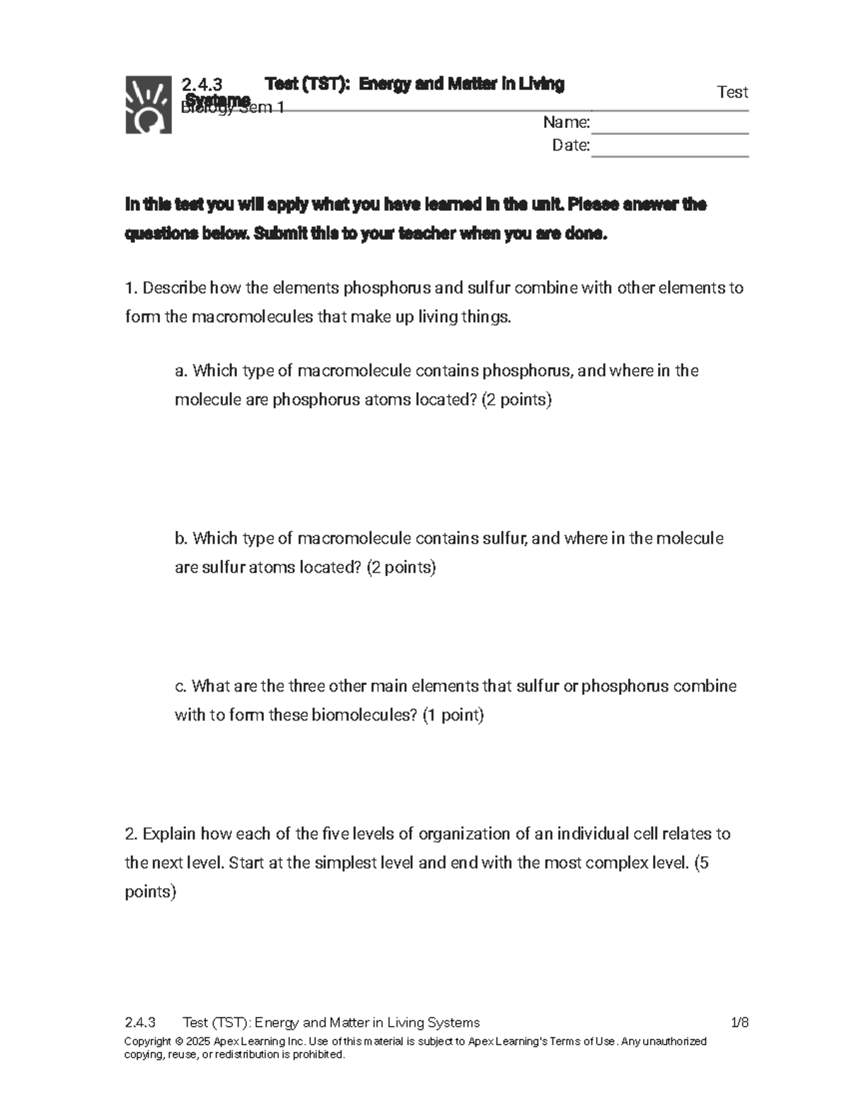 2.4.3 Test (TST): Energy & Matter in Living Systems Exam - Studocu