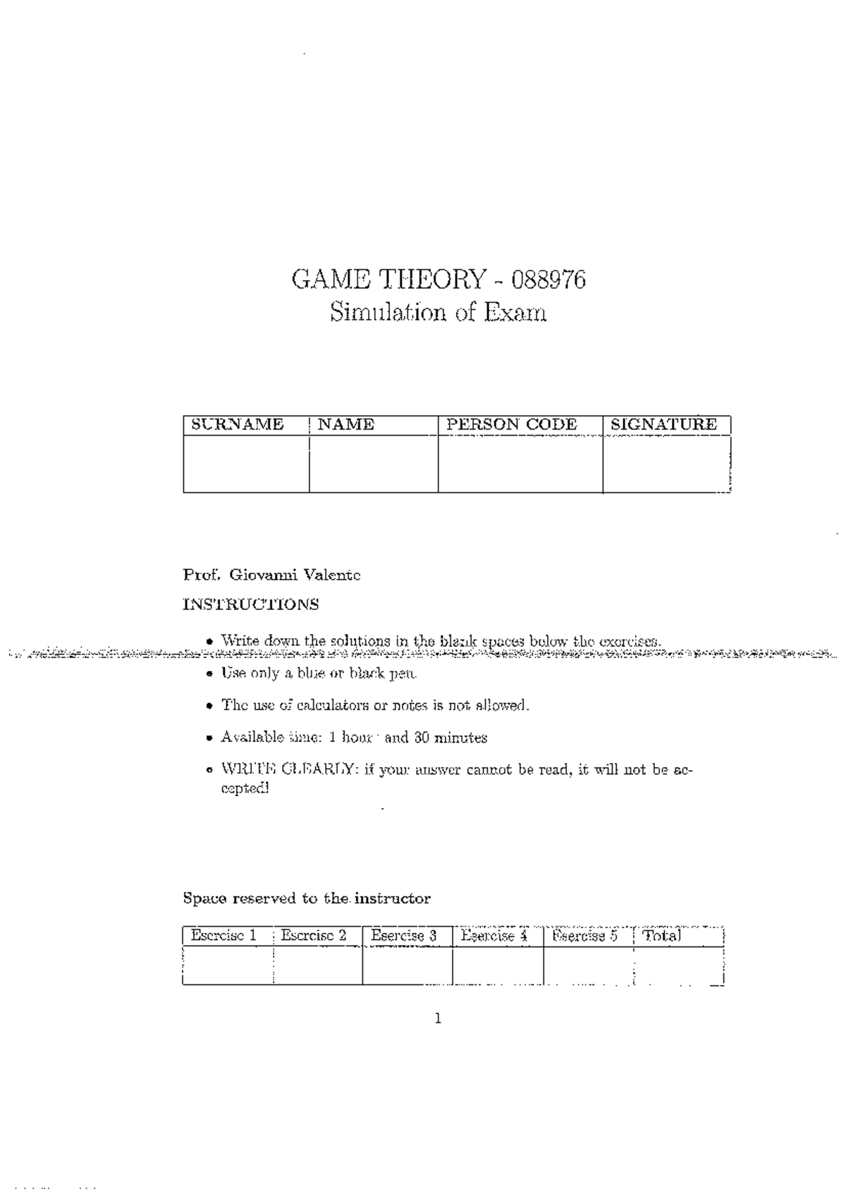 Game Theory 088976: Simulation Exam Solutions and Strategies - Studocu