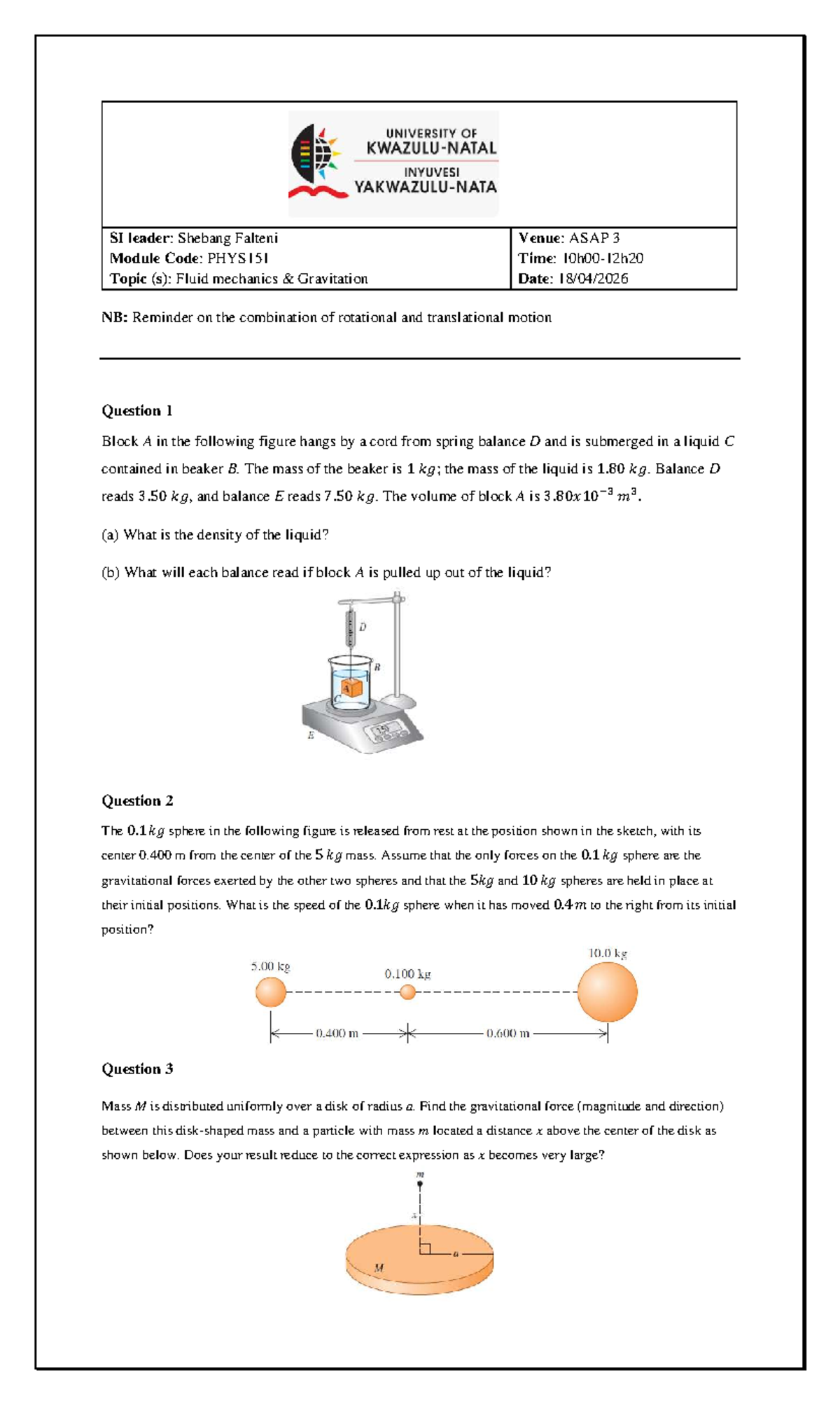 Worksheet 7: Fluid Mechanics & Gravitation - PHYS151 - Studocu