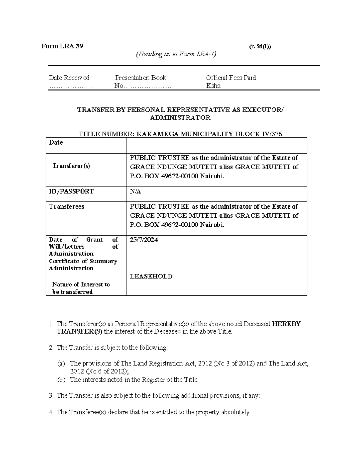 Form LRA 39: Transfer of Leasehold Interest in Kakamega Municipality ...