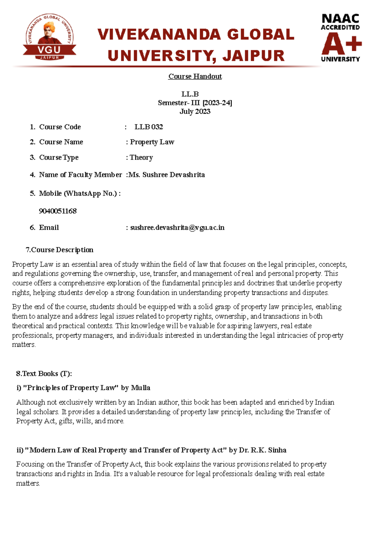 LLB 032 - Property Law Course Handout for Semester III [2023-24] - Studocu