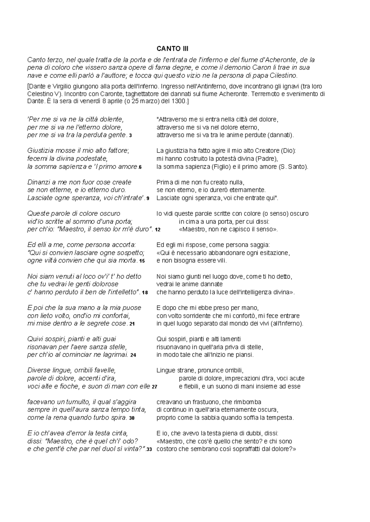 Canto III della Divina Commedia: Parafrasi e Commento - Studocu
