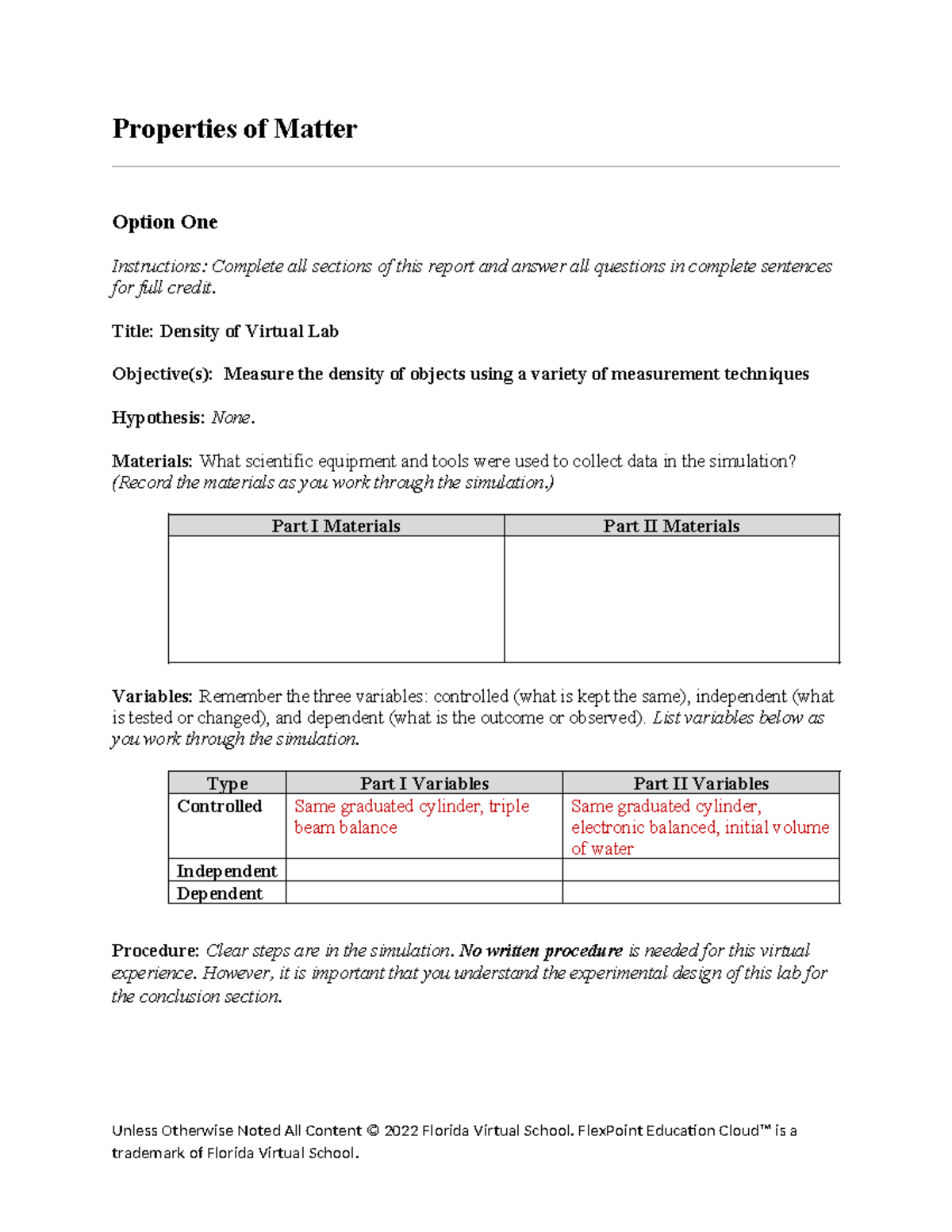 Properties of Matter Lab Report: Density Measurements (Option 1) - Studocu