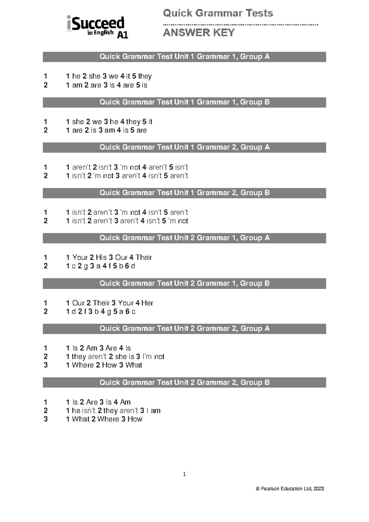 I Succeed A1 Quick Grammar Test Answer Keys for Units 1-8 - Studocu