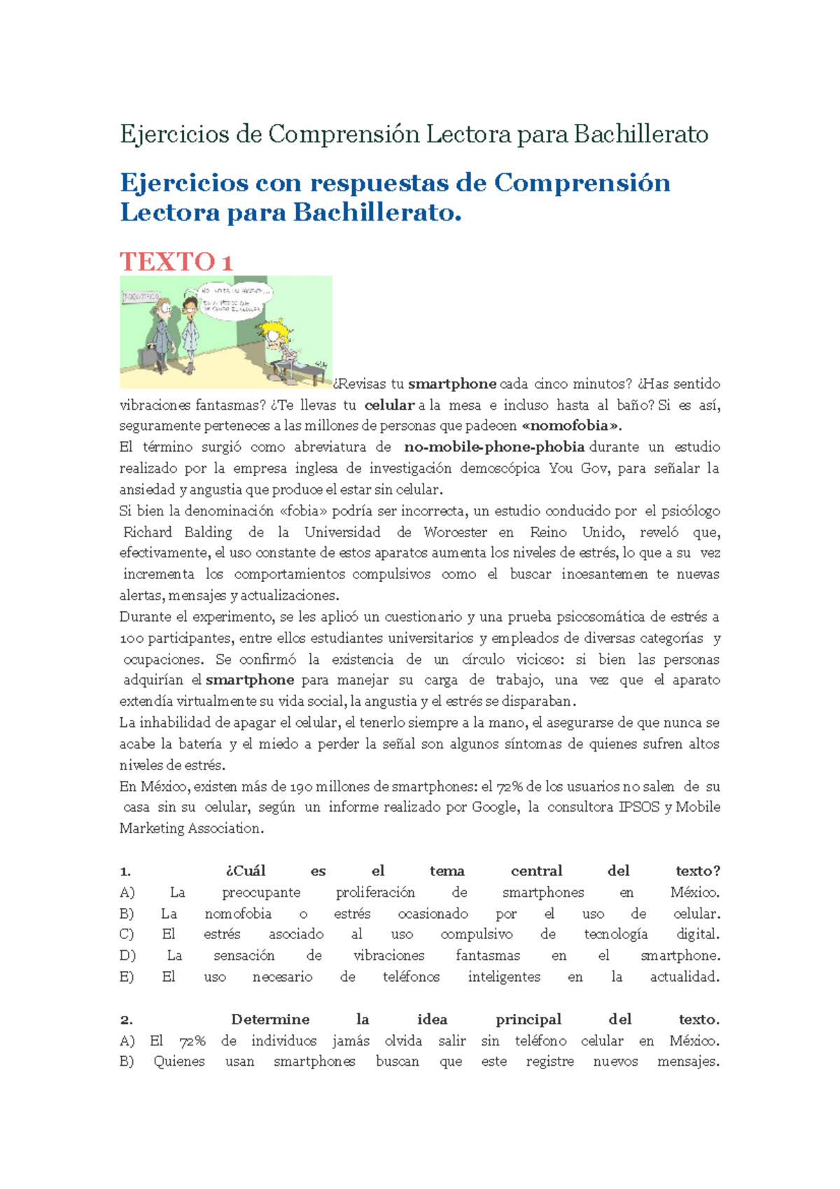 Ejercicios de Comprensión Lectora para Bachillerato - Ejercicios de Comprensión Lectora para ...
