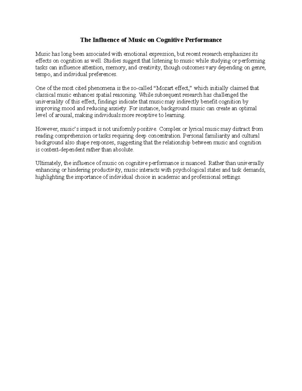 The Impact of Music on Cognitive Performance: A Comprehensive Study ...