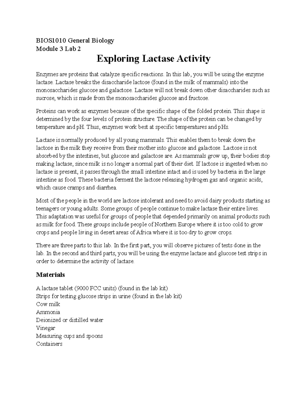 BIOS1010 Module 3 Lab 2: Investigating Lactase Activity and Effects ...