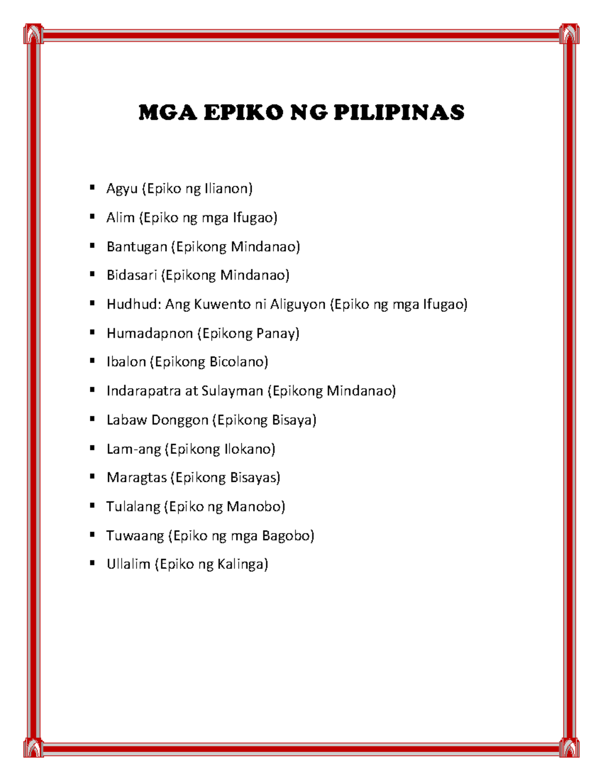 Mga Epiko ng Pilipinas: MGA EPIKO NG MGA KALAHI (General Education ...