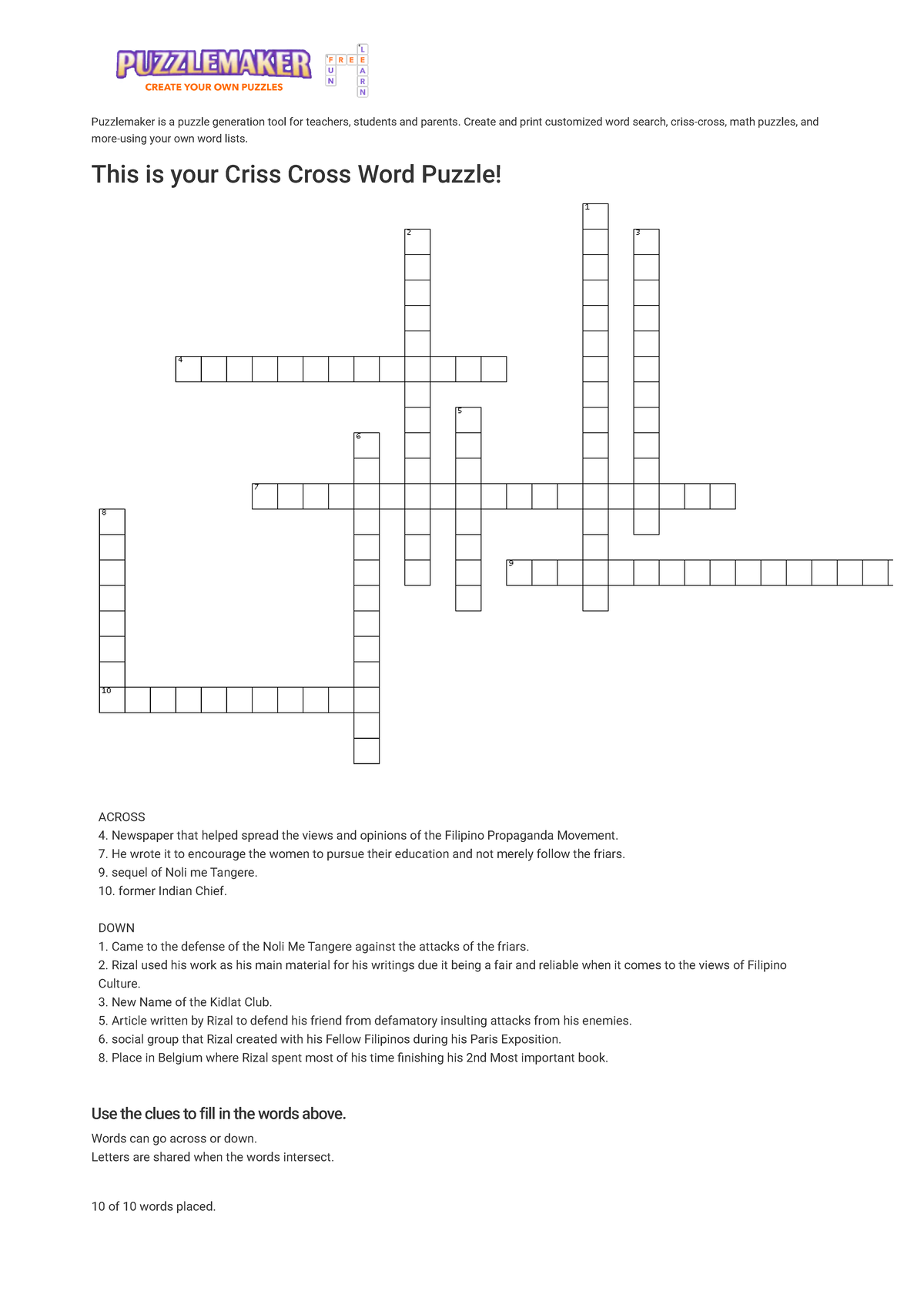 RIZAL CROSSWORD PUZZLE: Clues & Answers Related to Rizal's Works - Studocu