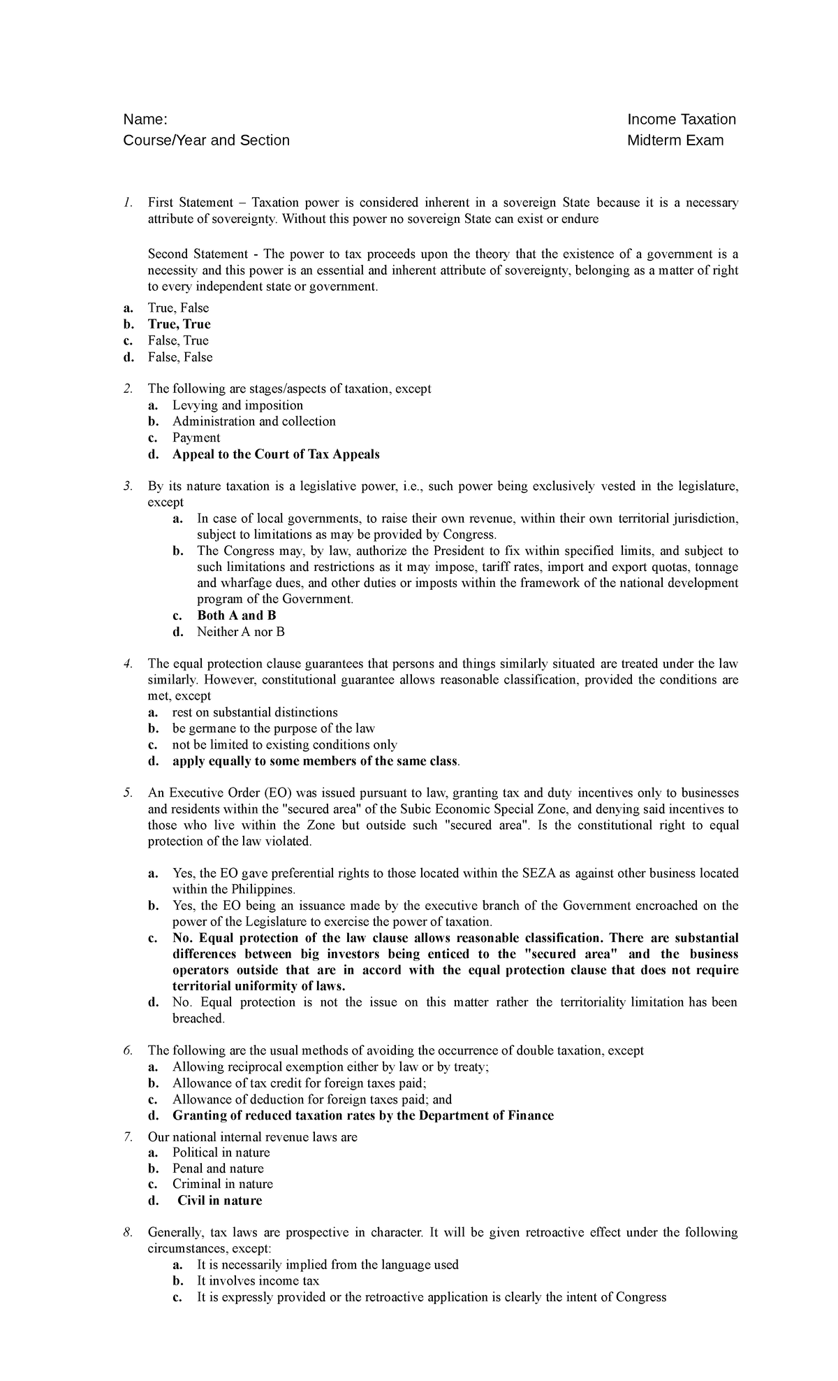 TAX Midterm Exam Review for BSBA-FM Students - Key Points and Concepts ...