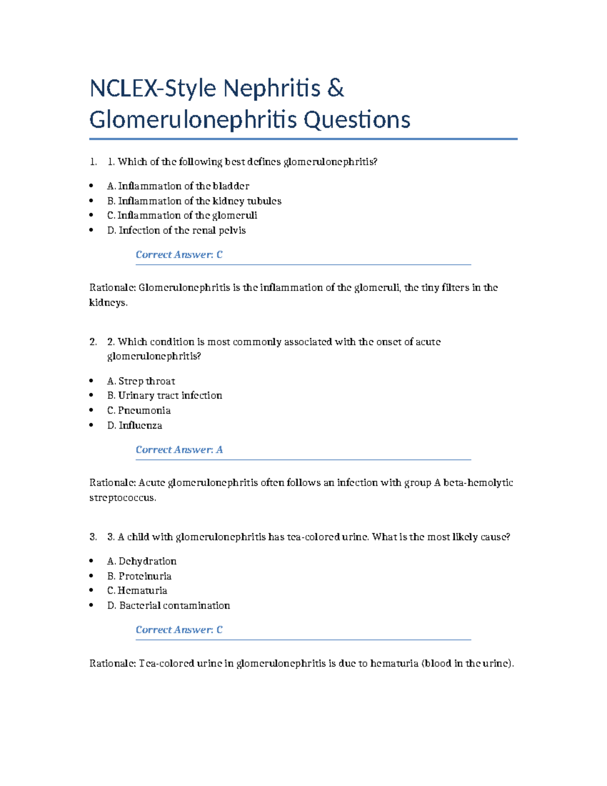 NCLEX Nephritis & Glomerulonephritis Practice Questions - Studocu