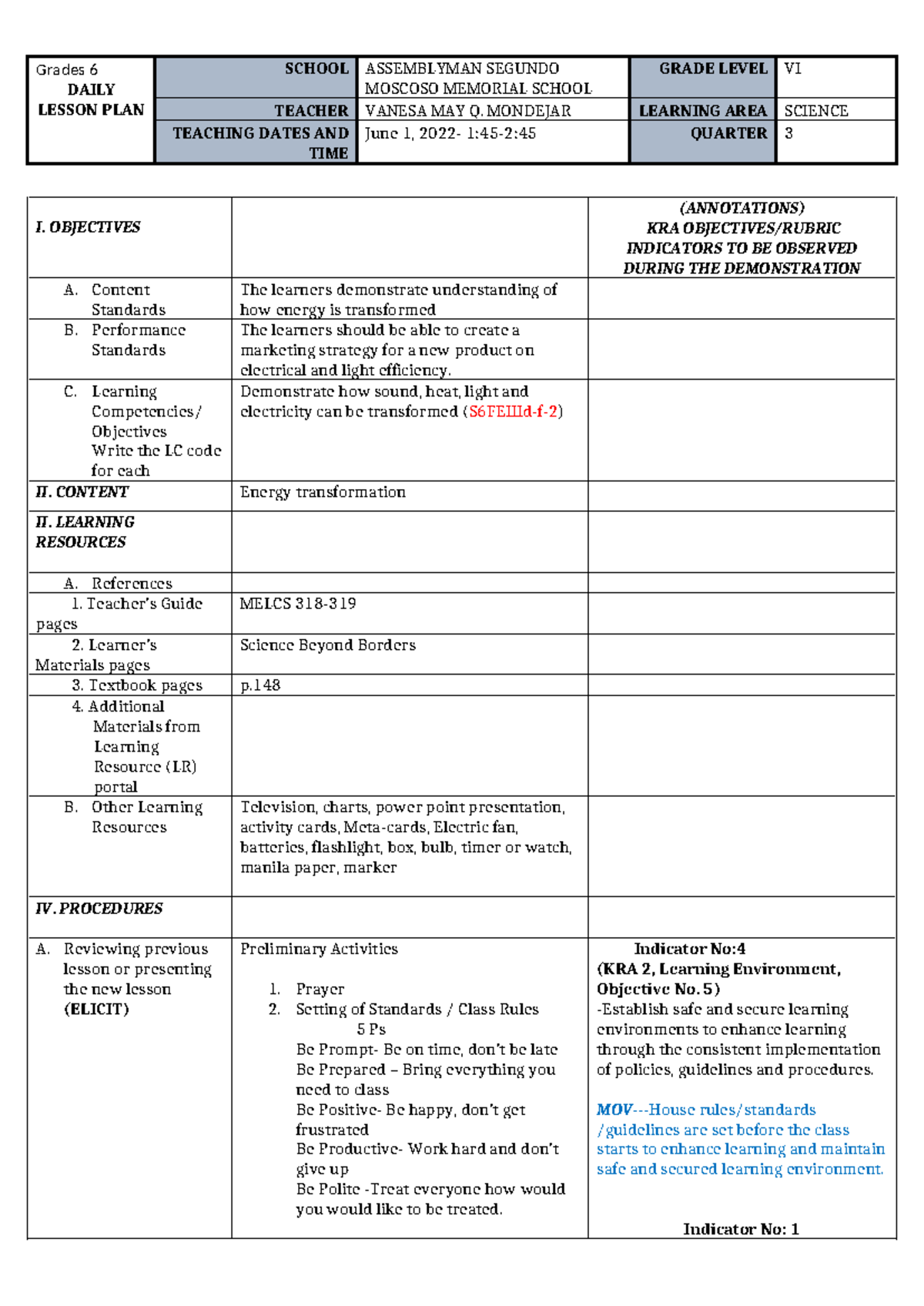 COT Sample Lesson Plan for Grade VI Science: Energy Transformation - Studocu