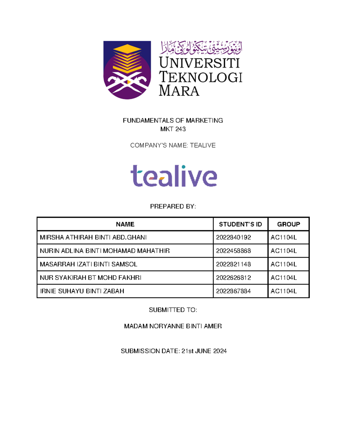 MKT243 Tealive Marketing Plan Assignment: Strategies & Analysis - Studocu