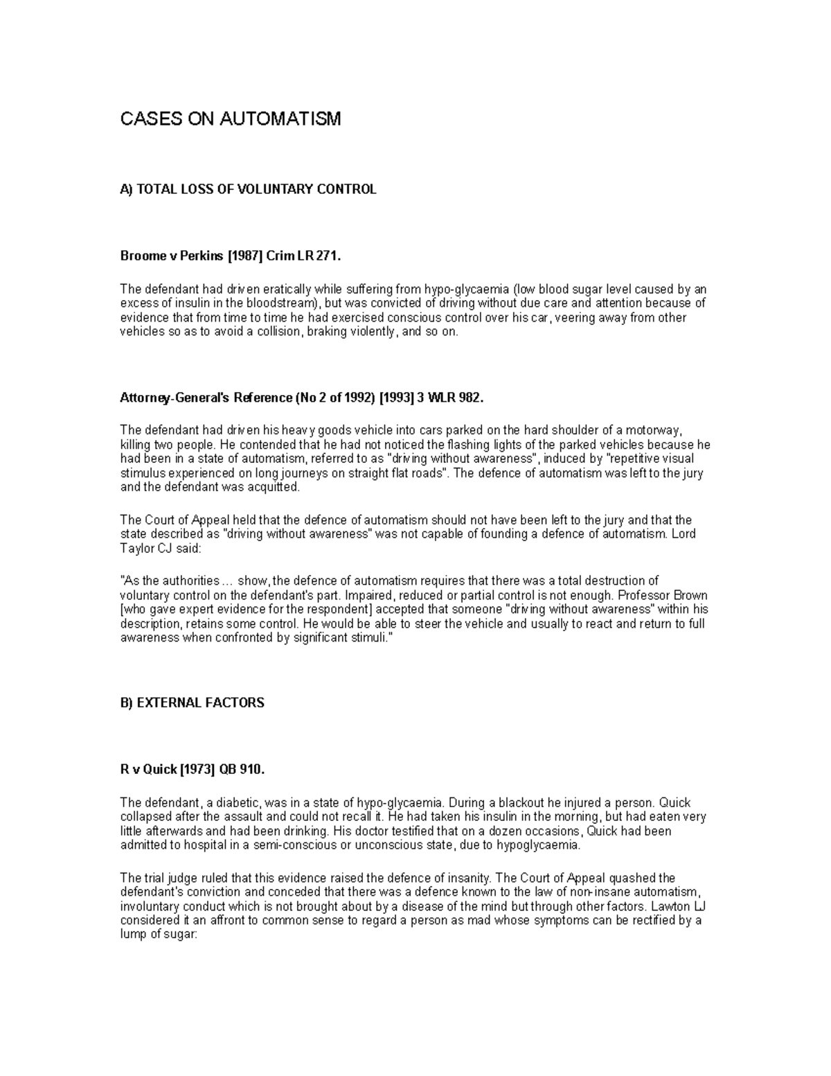 Cases on Automatism: Key Legal Precedents and Analysis - Studocu