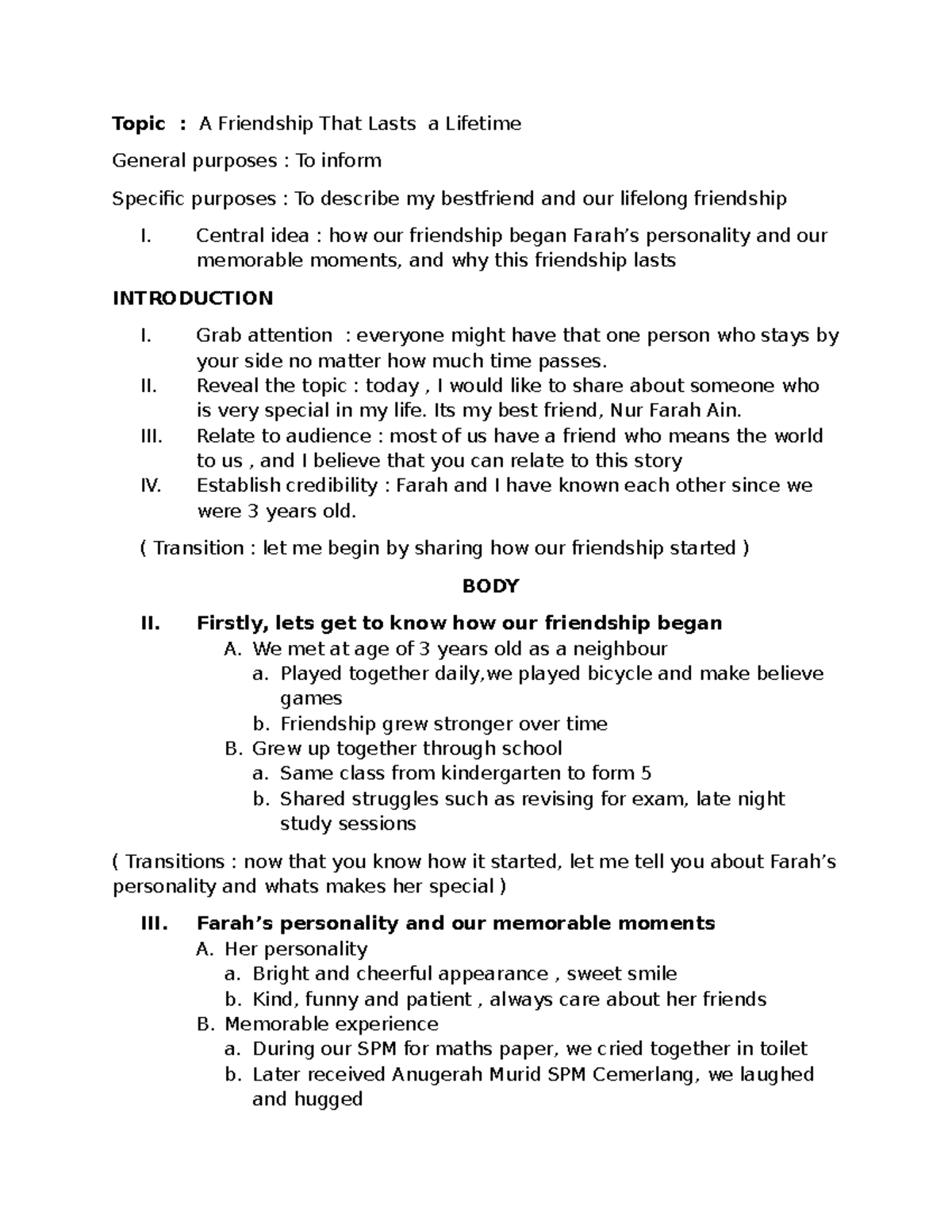 LCC Outline: A Lifelong Friendship with Nur Farah Ain - Studocu