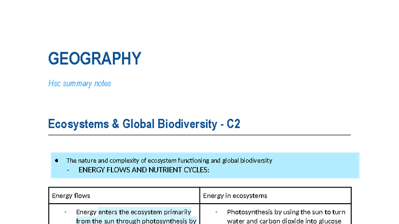 HSC Geography C2 Notes: Ecosystems & Global Biodiversity Summary - Studocu