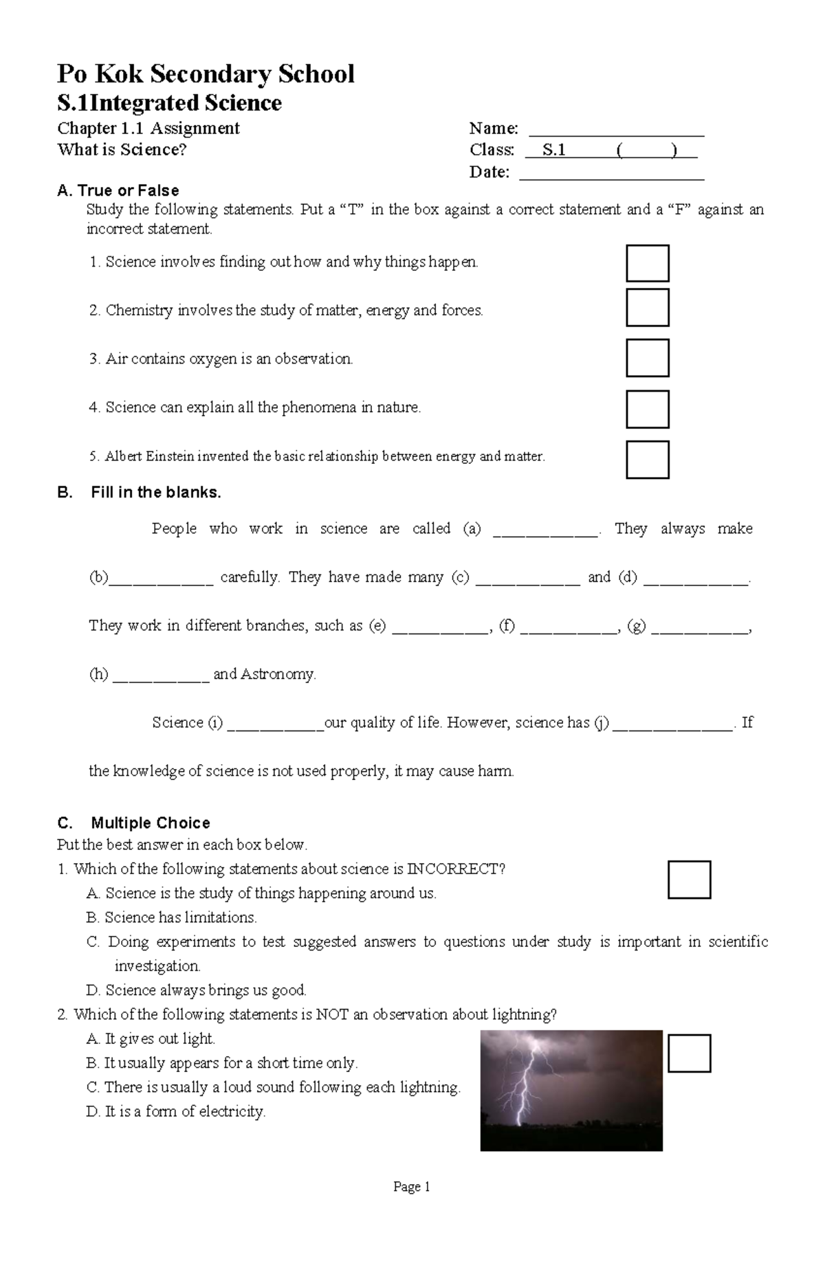 Po Kok Secondary School S.1 Integrated Science Assignments: What is ...