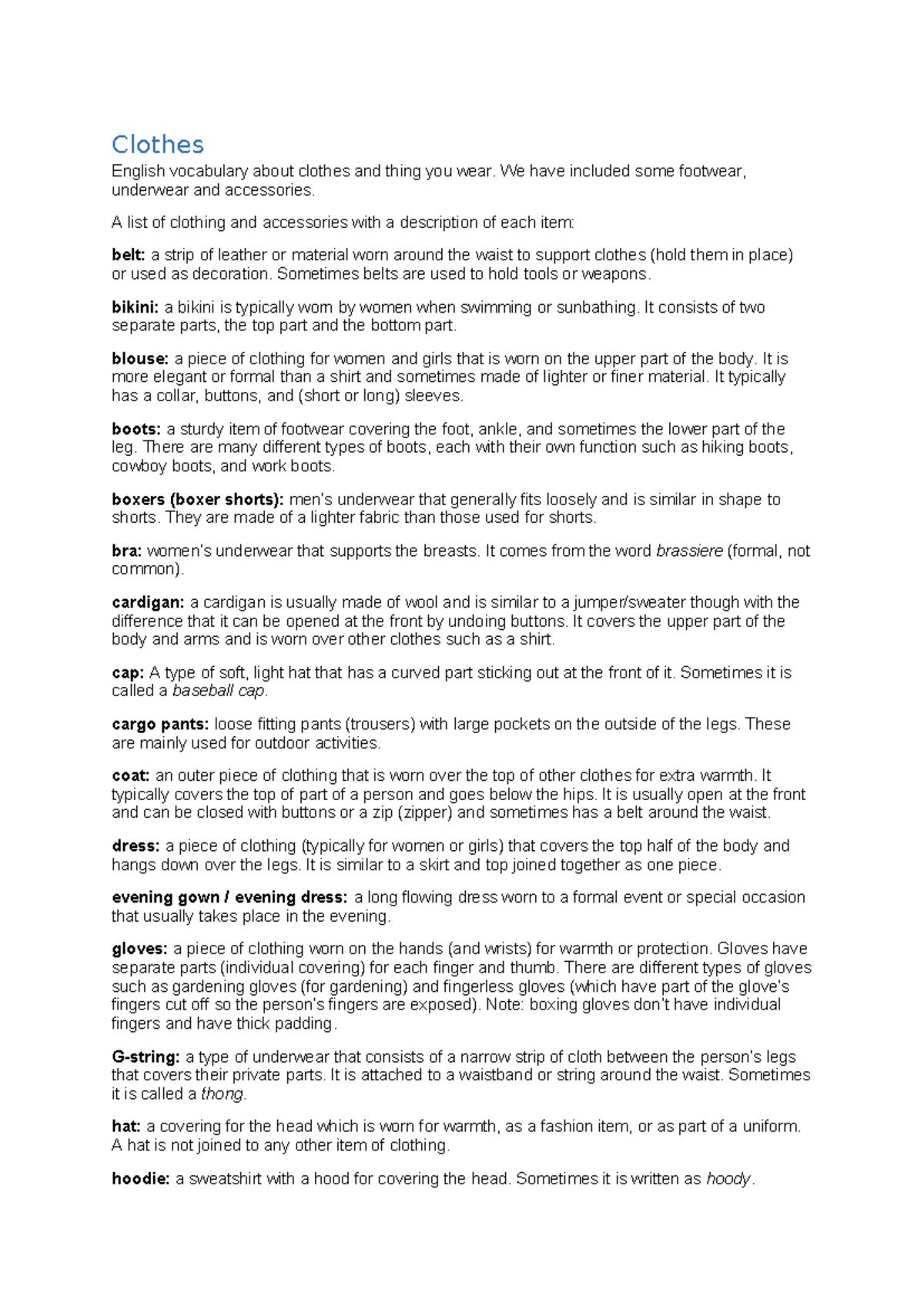 Clothes Vocabulary in English: Types and Descriptions - Studocu