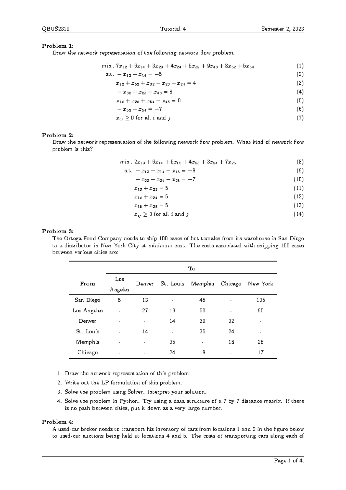 QBUS2310 Tutorial 4 Questions - Network Flow Problems Analysis - Studocu