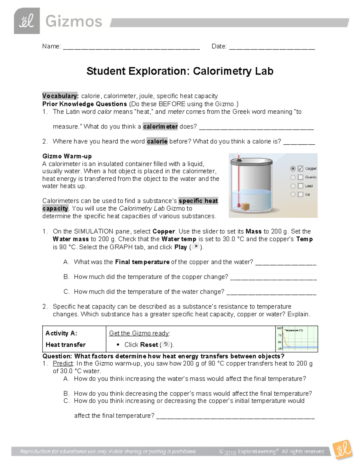 Gizmo calorimetry lab exploration and specific heat calculations - Studocu