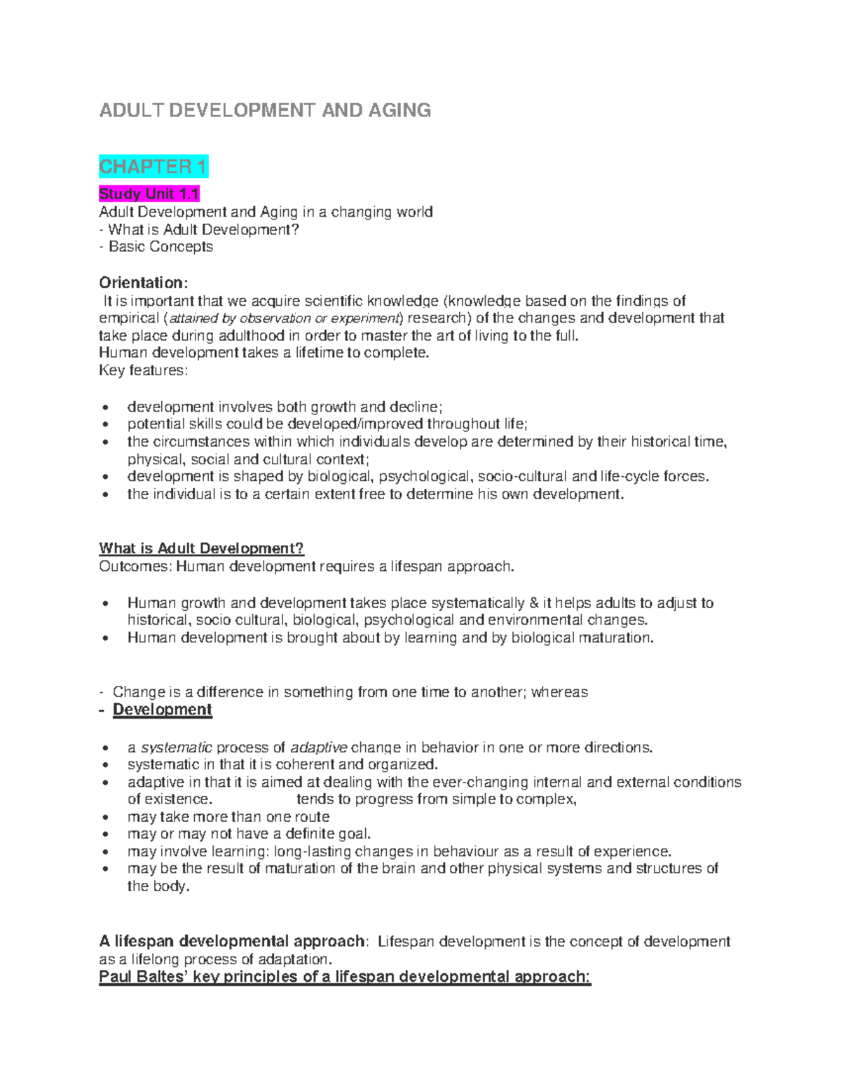 PYC2603 Adult Development and Aging: Chapter 1 Study Notes - Studocu