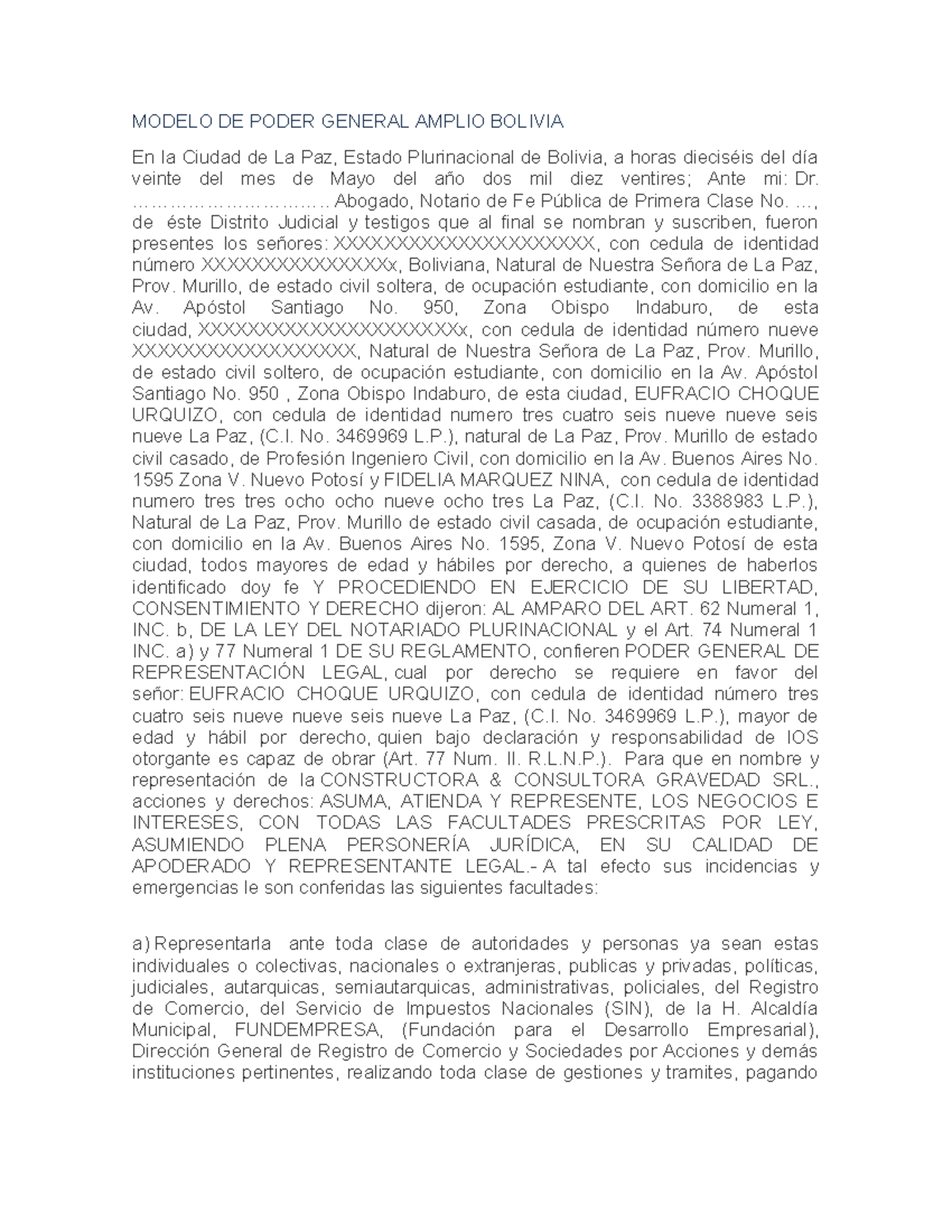 Modelo de Poder General Amplio para Constructora - Bolivia - Studocu