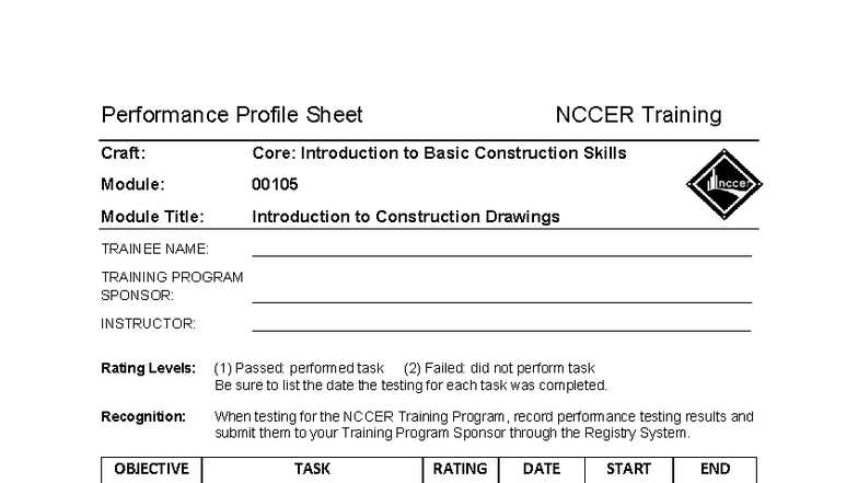 NCCER Training Core Module 00105 Performance Profile Sheet - Studocu