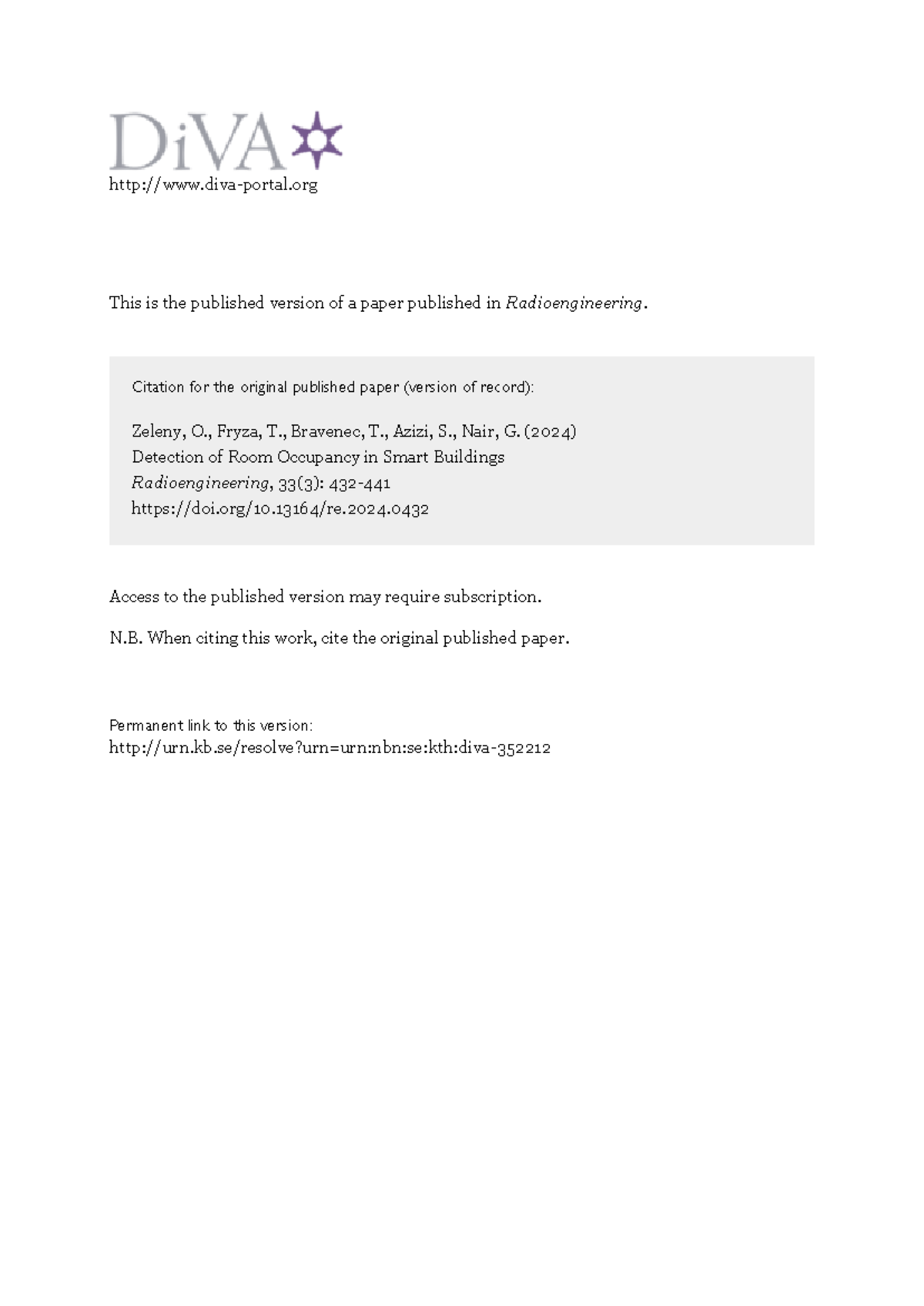 Detection of Room Occupancy in Smart Buildings (RADIOENGINEERING 33(3 ...